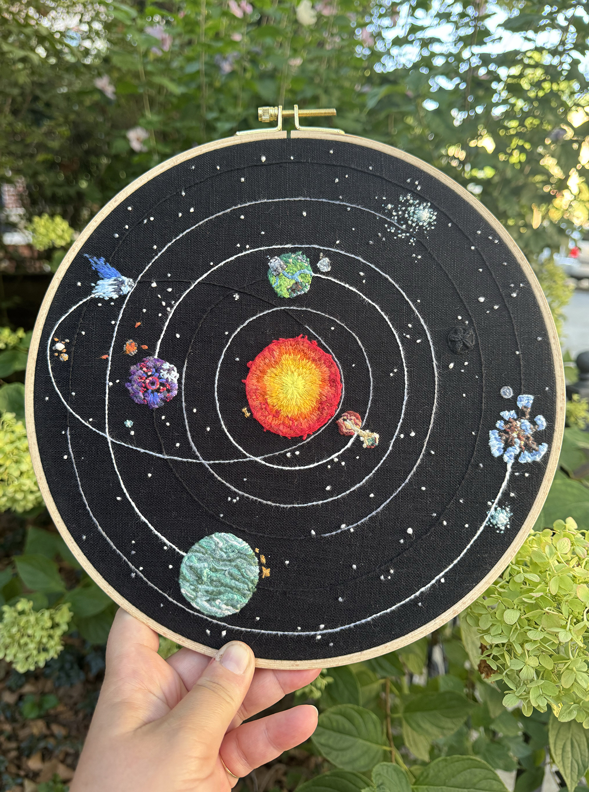 Outer Wilds solar system embroidery - Liz Denys